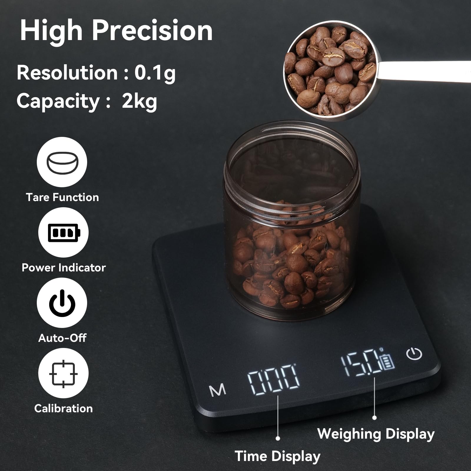 BOMATA Coffee Scale with Auto Timer for Espresso and Pour Over Coffee, 2kg/0.1g, Type-C Rechargeable, Tare Function, LED Display，Waterproof Surface...CS120