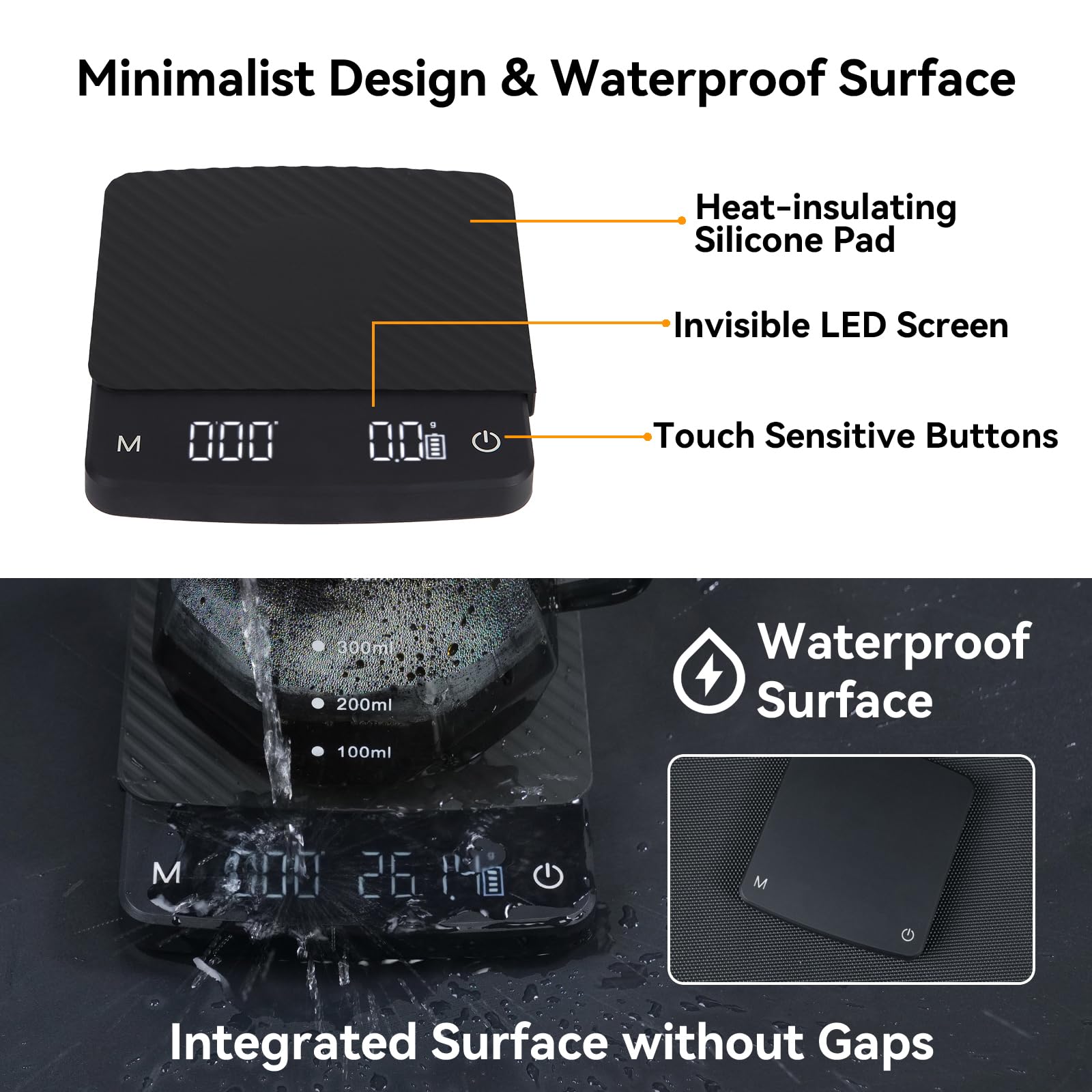 BOMATA Coffee Scale with Auto Timer for Espresso and Pour Over Coffee, 2kg/0.1g, Type-C Rechargeable, Tare Function, LED Display，Waterproof Surface...CS120