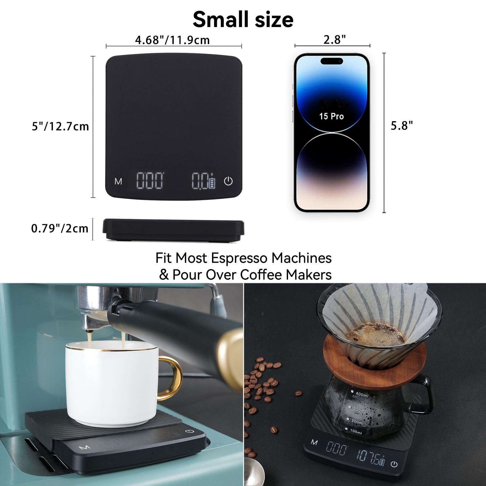 BOMATA Coffee Scale with Auto Timer for Espresso and Pour Over Coffee, 2kg/0.1g, Type-C Rechargeable, Tare Function, LED Display，Waterproof Surface...CS120