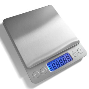 JOEAA Food Scale Digital Weight 3000g/0.1g Oz Grams and Ounces Kitchen Scale for Cooking Baking with Backlight LCD Display, Tare, 9 Units, Auto Off, 2 Trays, Batteries Included - Stainless Steel