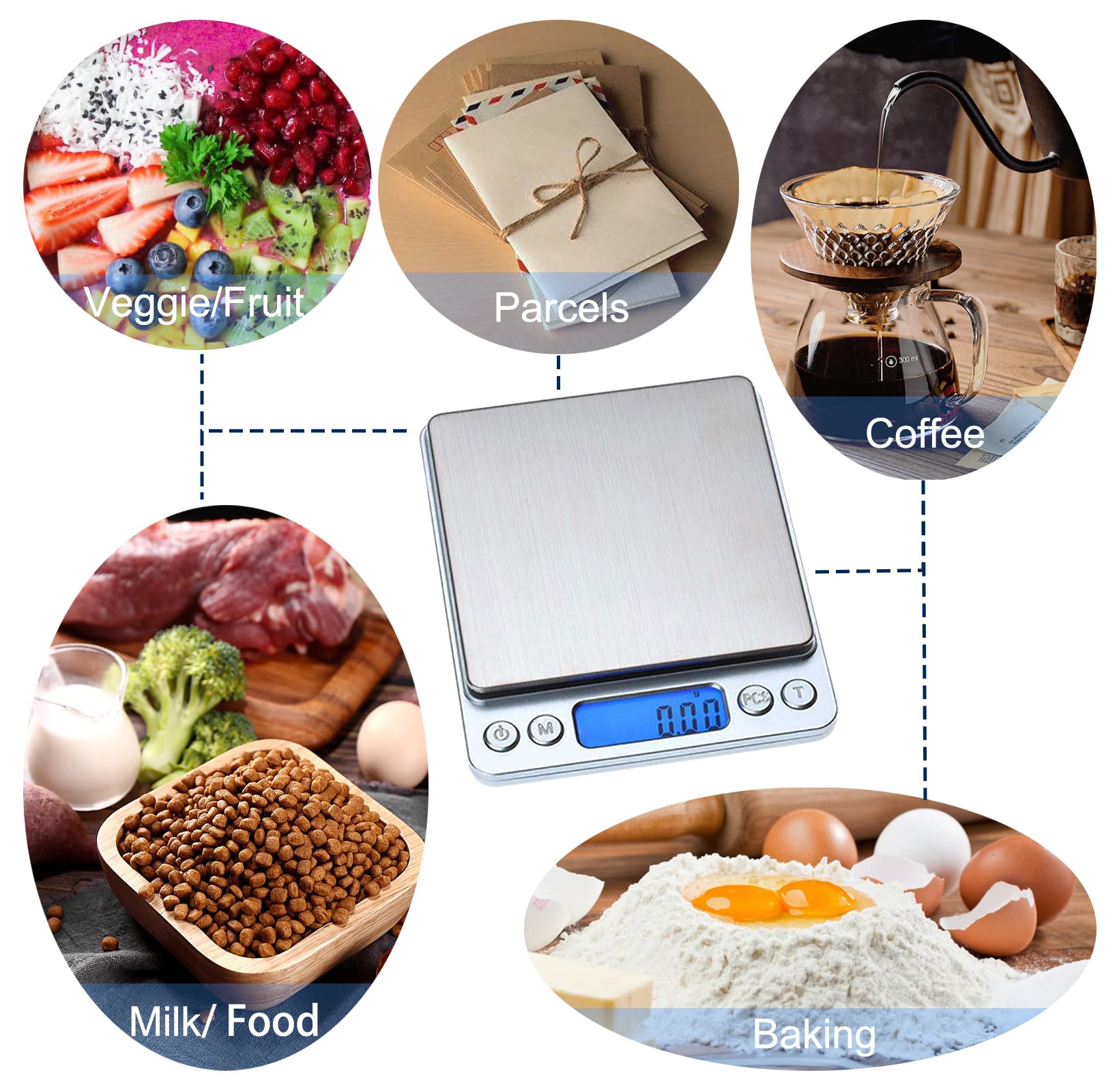 JOEAA Food Scale Digital Weight 3000g/0.1g Oz Grams and Ounces Kitchen Scale for Cooking Baking with Backlight LCD Display, Tare, 9 Units, Auto Off, 2 Trays, Batteries Included - Stainless Steel