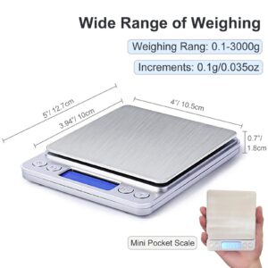 JOEAA Food Scale Digital Weight 3000g/0.1g Oz Grams and Ounces Kitchen Scale for Cooking Baking with Backlight LCD Display, Tare, 9 Units, Auto Off, 2 Trays, Batteries Included - Stainless Steel