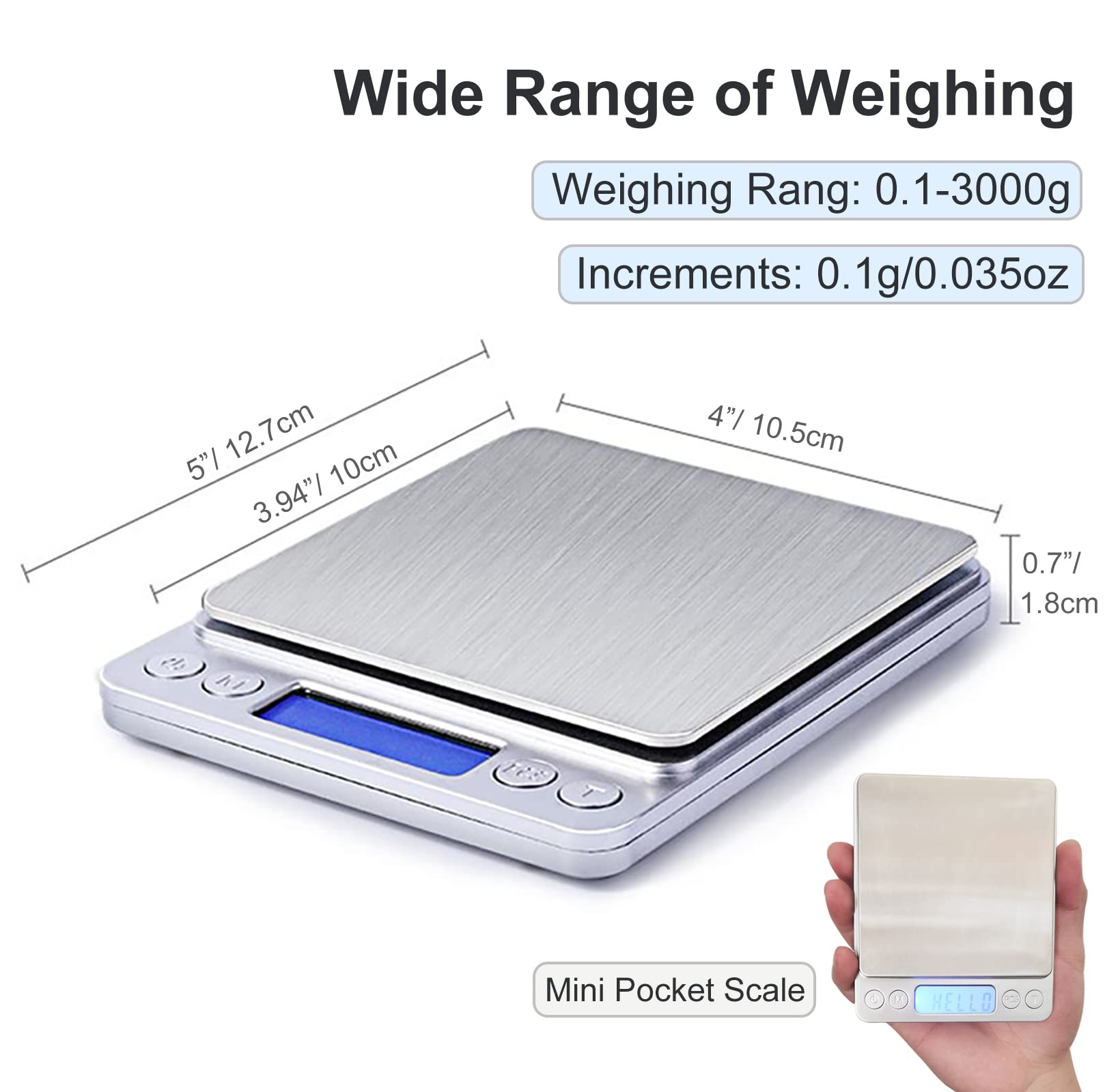 JOEAA Food Scale Digital Weight 3000g/0.1g Oz Grams and Ounces Kitchen Scale for Cooking Baking with Backlight LCD Display, Tare, 9 Units, Auto Off, 2 Trays, Batteries Included - Stainless Steel