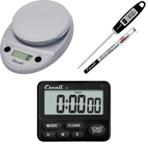 escali primo bakers bundle - p115c digital kitchen scale, chrome, 11 pound capacity, dh1 digital thermometer, black, and dr7 digital timer for cooking and baking