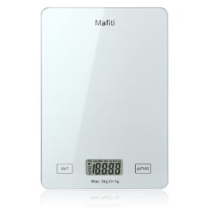 kitchen scale, mafiti digital kitchen scales 11lb/5kgx1g, multifunction measures in kg, g, lb and oz digital kitchen weight for food, cooking and baking，lcd display（silver）