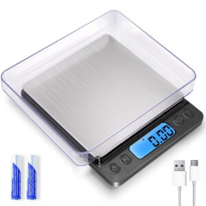 small digital gram scale 1000g by 0.01g, meiya high accuracy scale for food ounces and grams, upgrade usb charging kitchen scale digital weight for cooking, baking, with tare function, 9 units, 2 tray