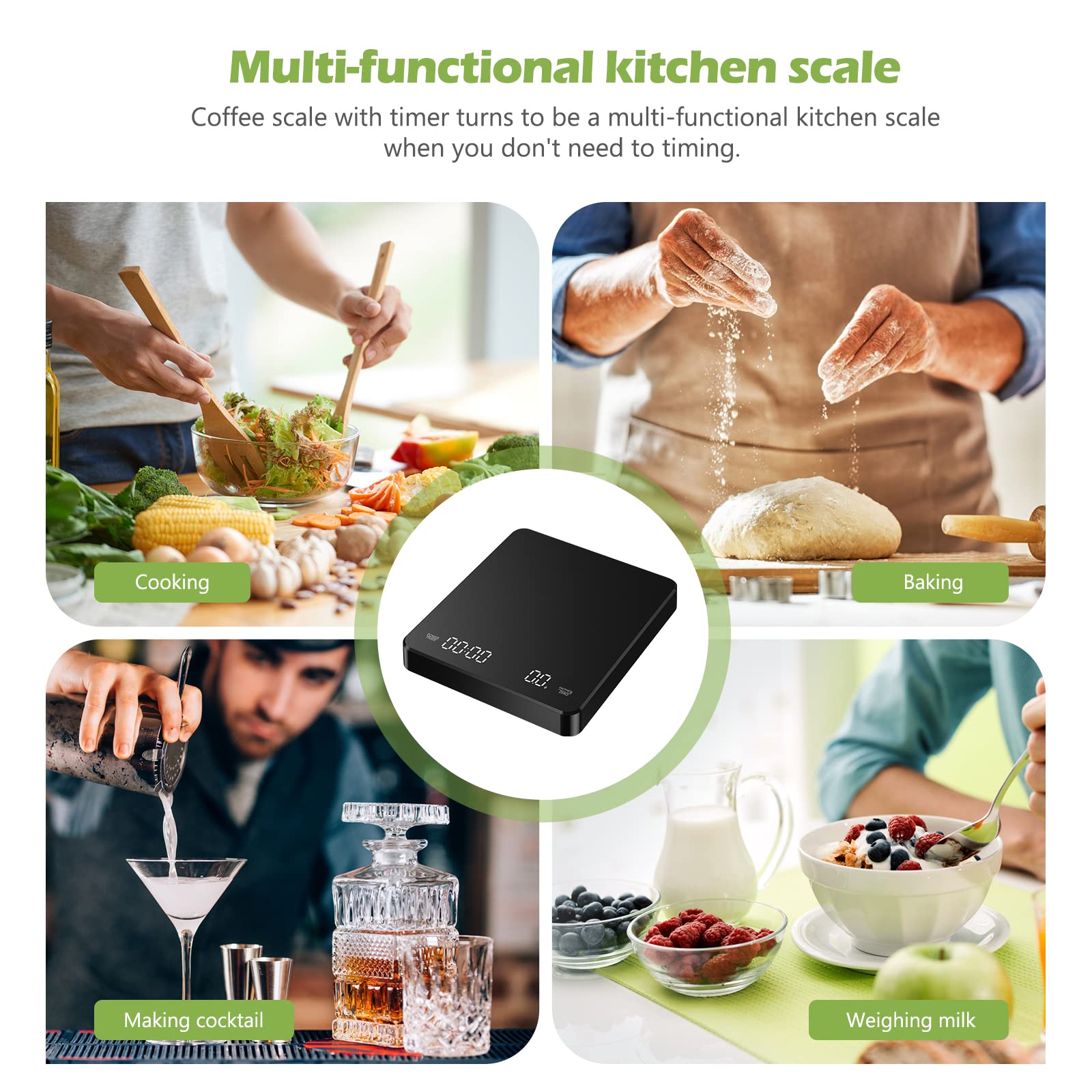 KeeKit Digital Coffee Scale with Timer, 3Kg/0.1g Rechargeable Kitchen Scale with Invisible Screen, Food Scale with 3 Units, PCS, Tare & Auto No/Off, Measures in Grams, Ounces, and Milliliter