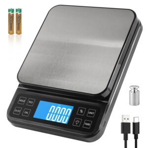 bomata large kitchen scale with 0.1g/0.001oz high precision, bakery scale with% percentage function, capacity 5kg/11lbs, usb rechargeable, full-view angle lcd with backlight, stainless steel pan…