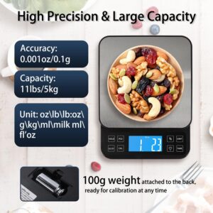 BOMATA Large Kitchen Scale with 0.1g/0.001oz High Precision, Bakery Scale with% Percentage Function, Capacity 5kg/11lbs, USB Rechargeable, Full-View Angle LCD with Backlight, Stainless Steel Pan…