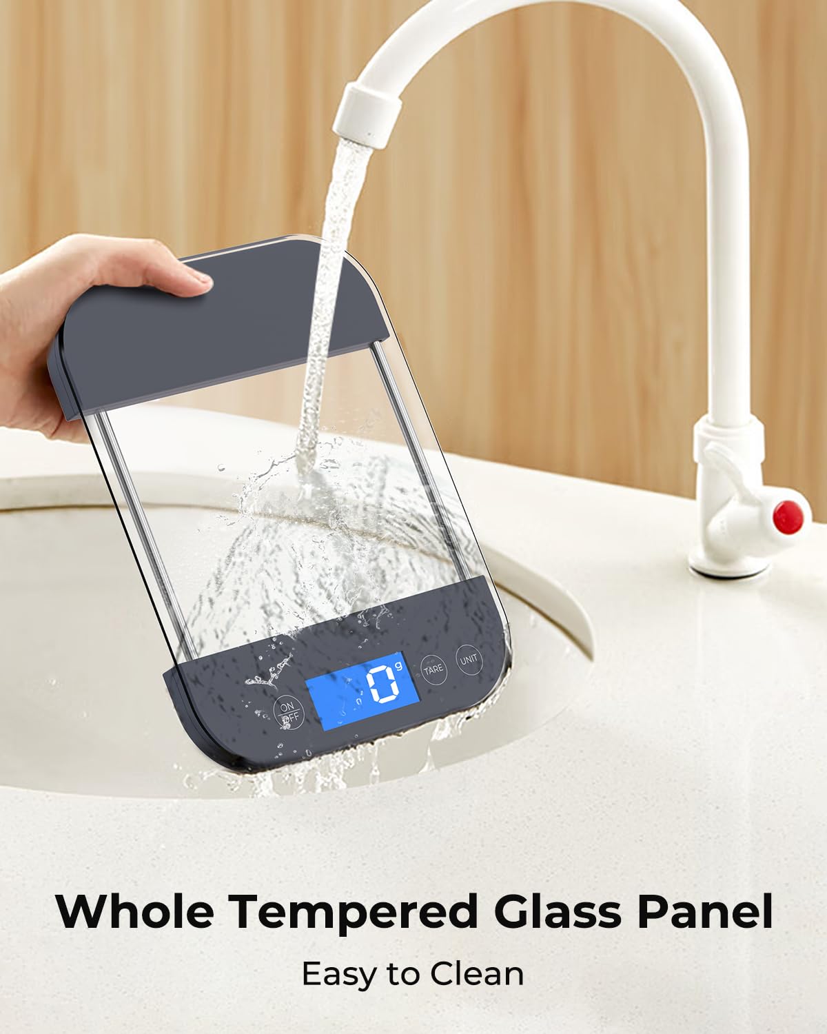 GGQ Rechargeable Food Scale Digital Weight Grams and Oz, [Max 33lb Min 1g], Full Waterproof Temepered Glass Panel, Crystal Clear Design for Kitchen Scale, Grey