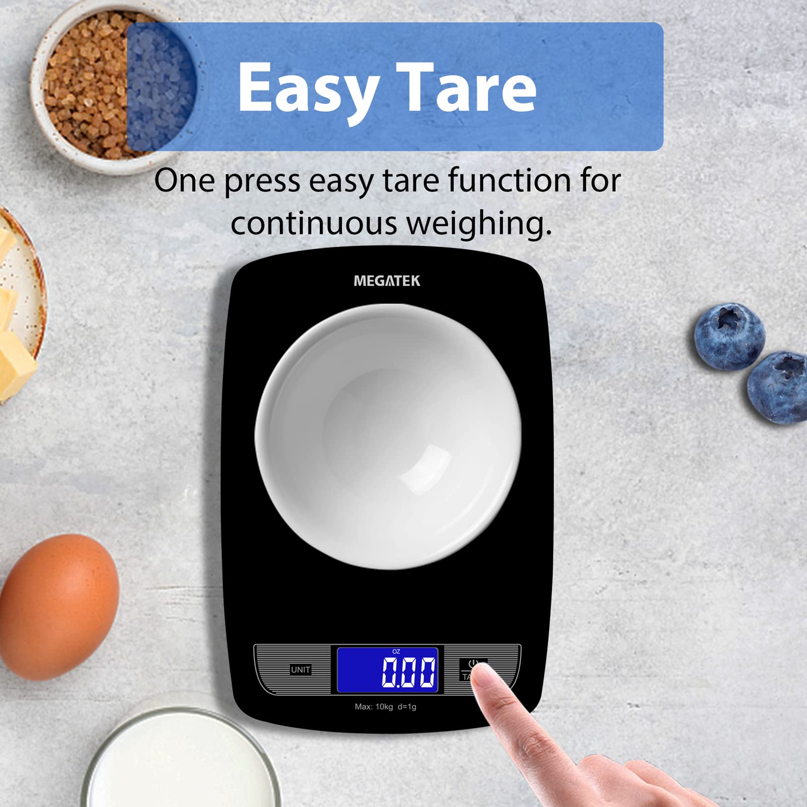 MEGATEK 22lb Digital Food Kitchen Scale Weight in Grams and Ounces for Baking and Cooking, 0.05 oz/1g Accuracy, Large Backlit LCD Display and Weighing Platform, Tempered Glass - Black