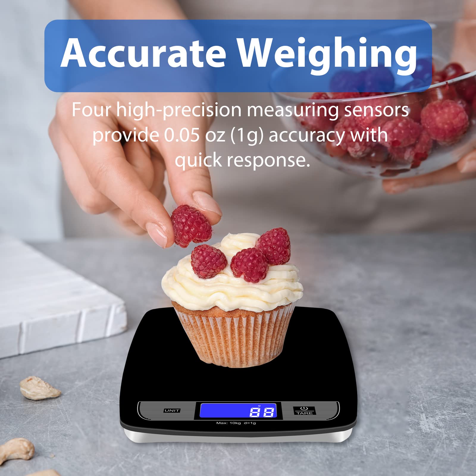 MEGATEK 22lb Digital Food Kitchen Scale Weight in Grams and Ounces for Baking and Cooking, 0.05 oz/1g Accuracy, Large Backlit LCD Display and Weighing Platform, Tempered Glass - Black