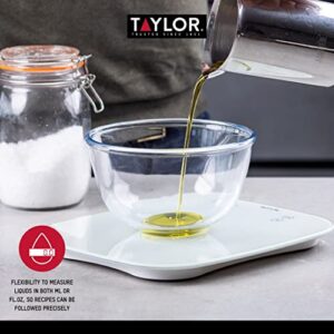 Taylor Pro Digital Kitchen Food Scales, Compact Professional Standard with Precision Accuracy and Waterproof Design with Tare Feature, White Glass, Weighs 14 kg/14 L Capacity