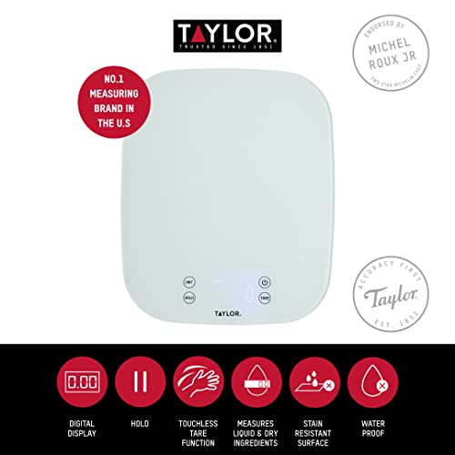 Taylor Pro Digital Kitchen Food Scales, Compact Professional Standard with Precision Accuracy and Waterproof Design with Tare Feature, White Glass, Weighs 14 kg/14 L Capacity