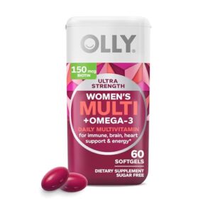 olly ultra women's multi softgels, overall health and immune support, omega-3s, iron, vitamins a, d, c, e, b12, daily multivitamin, 30 day supply - 60 count