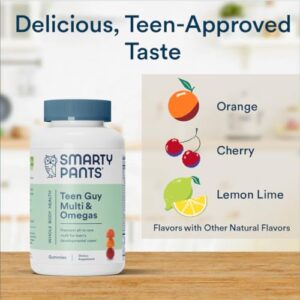 SmartyPants Teen Guy Multivitamin Gummies: Omega 3 Fish Oil (EPA/DHA), Vitamin D3, C, Vitamin B12, B6, Vitamin A, K & Zinc, Gluten Free, Three Fruit Flavors, 120 Count (30 Day Supply)