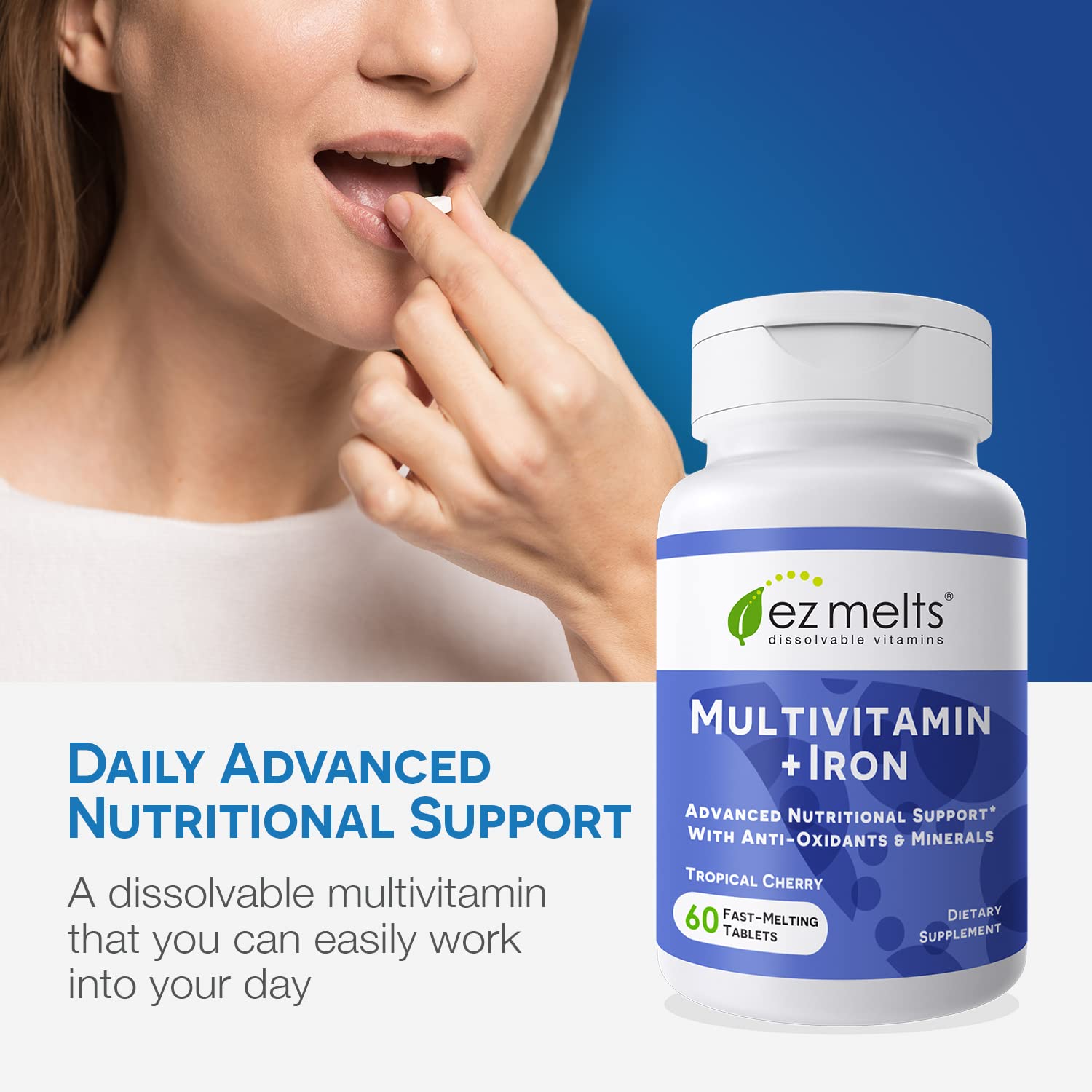 EZ Melts Dissolvable Multivitamin with Iron for Women & Men, Sugar-Free, 1-Month Supply