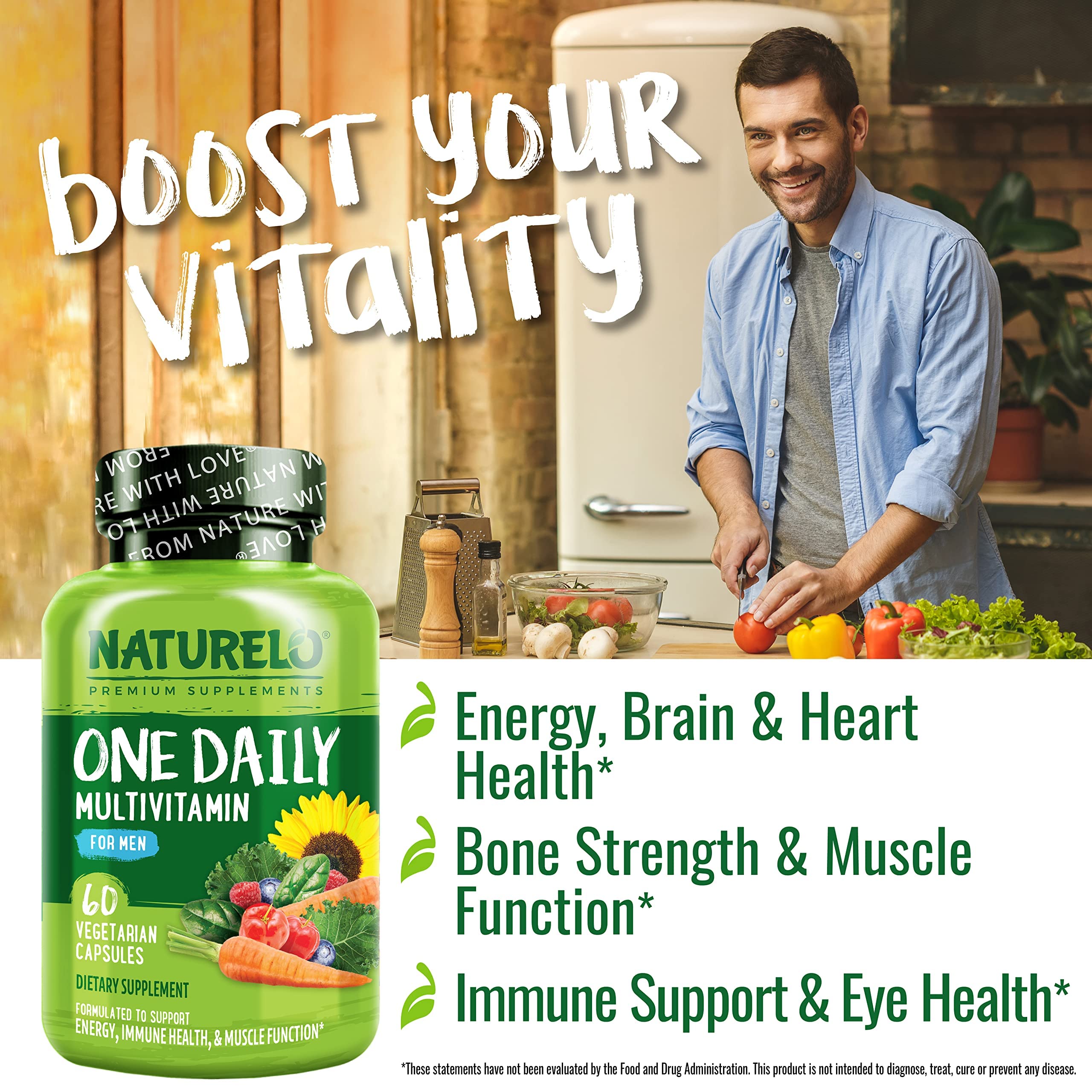 NATURELO One Daily Multivitamin for Men - with Vitamins & Minerals + Organic Whole Foods - Supplement to Boost Energy, General Health - Non-GMO - 60 Capsules - 2 Month Supply