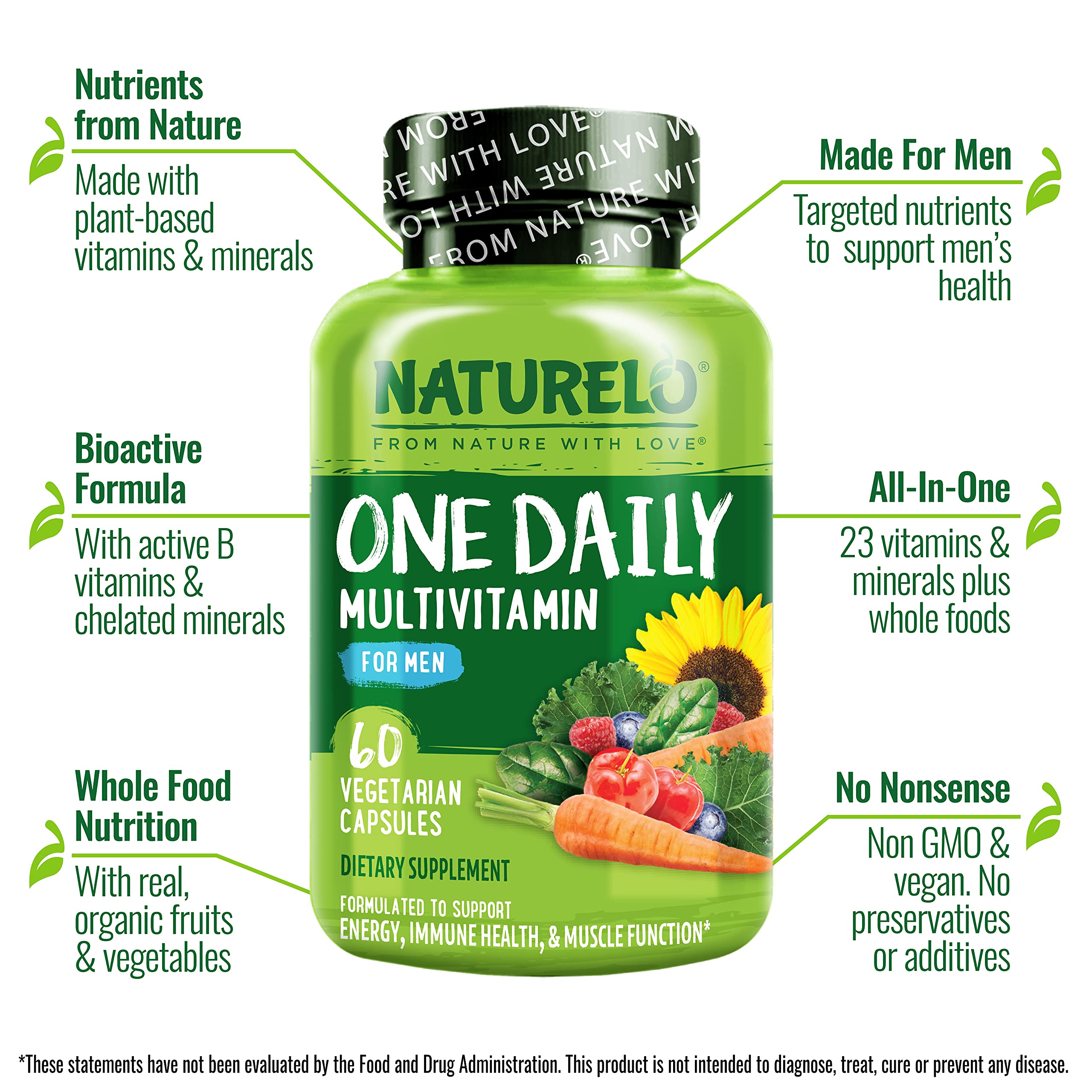 NATURELO One Daily Multivitamin for Men - with Vitamins & Minerals + Organic Whole Foods - Supplement to Boost Energy, General Health - Non-GMO - 60 Capsules - 2 Month Supply