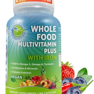 Vegan Whole Food Multivitamin with Iron, Daily Multivitamin for Women and Men, Made with Fruits & Vegetables, B-Complex, Probiotics, Enzymes, CoQ10, Omegas, Turmeric, Non-GMO, 180 Count