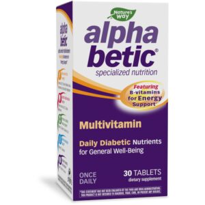 nature's way alpha betic, diabetic multivitamin for daily nutritional support, with b-vitamins for energy metabolism support*, alpha lipoic acid, taurine, lutein, 30 tablets