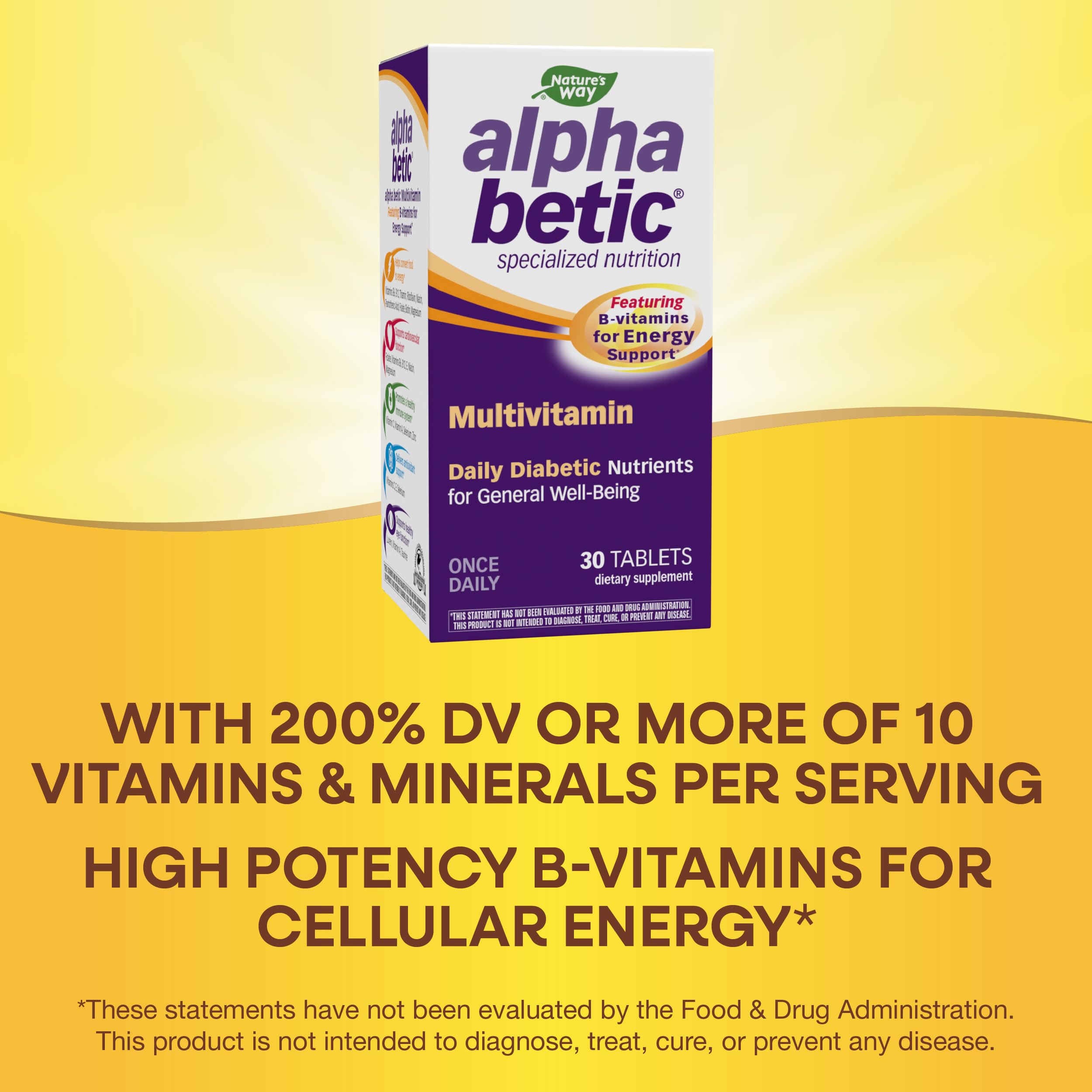 Nature's Way alpha betic, Diabetic Multivitamin for Daily Nutritional Support, with B-Vitamins for Energy Metabolism Support*, Alpha Lipoic Acid, Taurine, Lutein, 30 Tablets