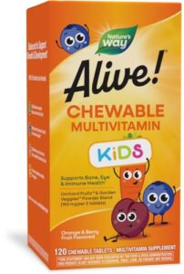 nature's way alive! children's daily chewable multivitamin, supports bone, eye, and immune health*, orange & berry fruit flavored, gluten free, 120 chewable tablets (packaging may vary)