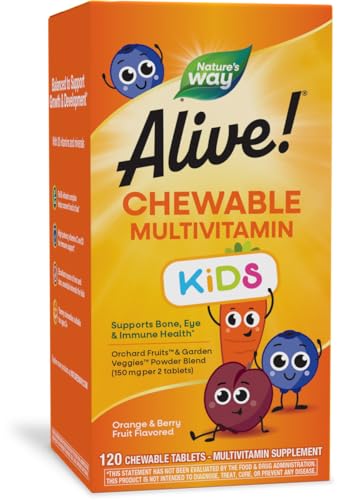 Nature's Way Alive! Children's Daily Chewable Multivitamin, Supports Bone, Eye, and Immune Health*, Orange & Berry Fruit Flavored, Gluten Free, 120 Chewable Tablets (Packaging May Vary)