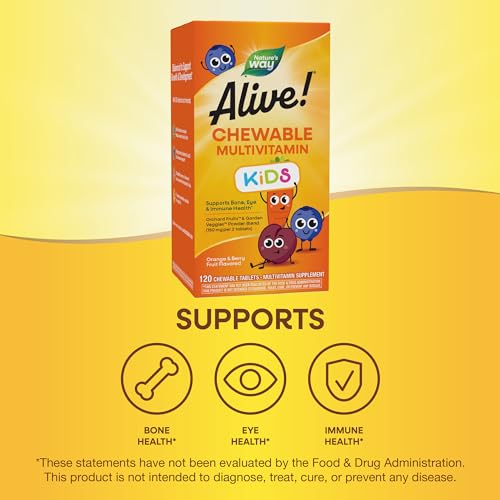 Nature's Way Alive! Children's Daily Chewable Multivitamin, Supports Bone, Eye, and Immune Health*, Orange & Berry Fruit Flavored, Gluten Free, 120 Chewable Tablets (Packaging May Vary)