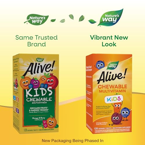 Nature's Way Alive! Children's Daily Chewable Multivitamin, Supports Bone, Eye, and Immune Health*, Orange & Berry Fruit Flavored, Gluten Free, 120 Chewable Tablets (Packaging May Vary)