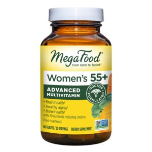 megafood women's 55+ advanced multivitamin for women - doctor-formulated with choline, vitamin d3, vitamin b12, biotin - plus real food - optimal aging, - vegetarian - 60 tabs (30 servings)