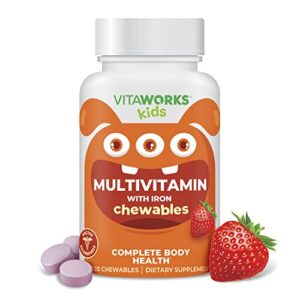 vitaworks kids multivitamin with iron & minerals chewable tablets - mixed fruit flavor - vegetarian, gmo-free, nut free - dietary supplement - digestive support for children - 120 chewables",