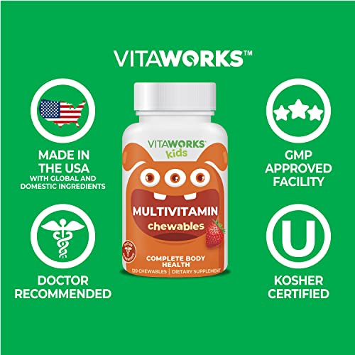 VitaWorks Kids Multivitamin with Iron & Minerals Chewable Tablets - Mixed Fruit Flavor - Vegetarian, GMO-Free, Nut Free - Dietary Supplement - Digestive Support for Children - 120 Chewables",