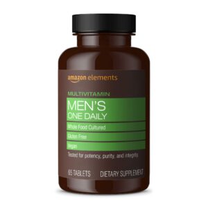 amazon elements men’s one daily multivitamin, 62% whole food cultured, vegan, 65 tablets, 2 month supply (packaging may vary)