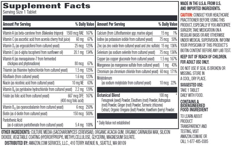 Amazon Elements Men’s One Daily Multivitamin, 62% Whole Food Cultured, Vegan, 65 Tablets, 2 month supply (Packaging may vary)