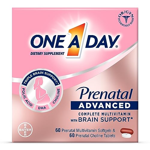 ONE A DAY Women’s Prenatal Advanced Complete Multivitamin with Brain Support* with Choline, Folic Acid, Omega-3 DHA & Iron for Pre, During & Post Pregnancy, 60+60 Ct (120 Total) (Packaging May Vary)