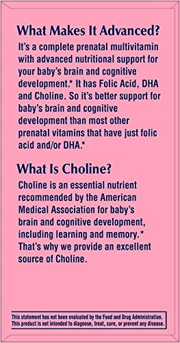 ONE A DAY Women’s Prenatal Advanced Complete Multivitamin with Brain Support* with Choline, Folic Acid, Omega-3 DHA & Iron for Pre, During & Post Pregnancy, 60+60 Ct (120 Total) (Packaging May Vary)