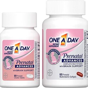 ONE A DAY Women’s Prenatal Advanced Complete Multivitamin with Brain Support* with Choline, Folic Acid, Omega-3 DHA & Iron for Pre, During & Post Pregnancy, 60+60 Ct (120 Total) (Packaging May Vary)