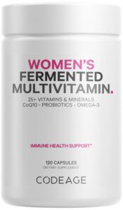 codeage women’s daily multivitamin, 25+ vitamins & minerals, fermented, organic whole foods, probiotics supplement - vitamin a, vitamin b, vitamins c, d, e & k, omega 3, zinc – vegan - 120 capsules