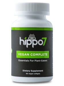 hippo7 vegan complete multivitamin vitamin b12, vitamin d, omega-3 dha+epa, calcium, iodine, zinc & iron. (1 bottle, 60 softgels)