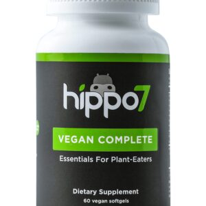 Hippo7 Vegan Complete Multivitamin Vitamin B12, Vitamin D, Omega-3 DHA+EPA, Calcium, Iodine, Zinc & Iron. (1 Bottle, 60 Softgels)