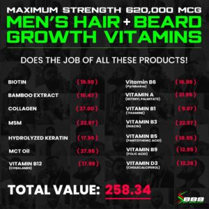 BBS Beard Growth & Hair Growth Vitamins for Men - Maximum Strength 620000mcg Biotin - Collagen - MSM - Keratin - Bamboo Extract - Multivitamin Gummies (Made by Best Beard Stuff USA)