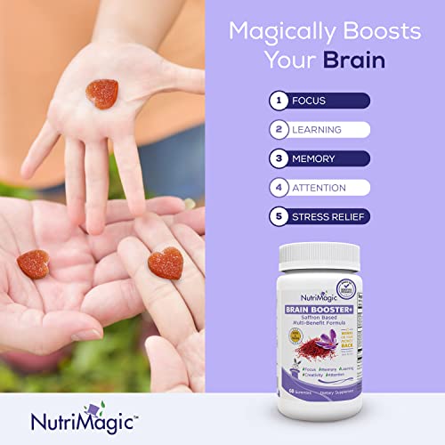 NutriMagic Kids Brain Booster 2-in-1 Nootropic Multivitamin for Focus, Memory, Attention, Mood - Saffron Extract Gummies Brain Health Supplement w/Vitamin D3, B6, B12, Zinc, 60 Vegan NON-GMO Gummies