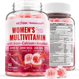 sugar-free methylated multivitamin for women gummies w/algae calcium, vitamin a, c, d3, e, k, b12, iron, folate, biotin, inositol - multi vitamins & minerals for skin, hair, energy, immune, bone vegan