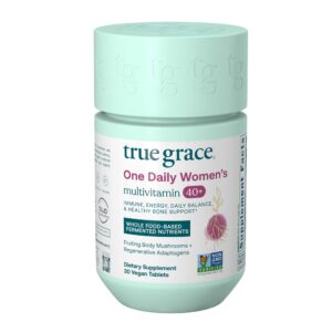 true grace one daily women’s multivitamin 40+ fermented minerals, organic adaptogens & mushrooms energy, immune, bone, heart support - iron free, non-gmo, gluten free, soy free - 30 vegan tablets