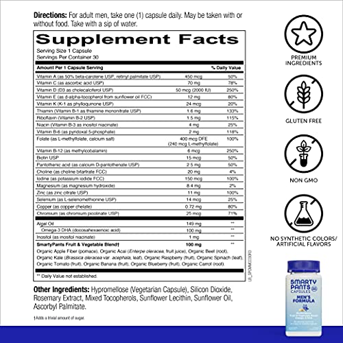 SmartyPants Multivitamin for Men: Omega-3 DHA, Zinc for Immunity, Vitamins D3, C, B6, Folate, Vitamin A, B12, One Per Day, 30 Capsules, 30 Day Supply