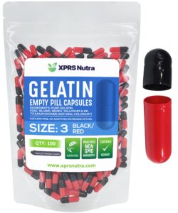 xprs nutra size 3 empty capsules - 100 count empty gelatin capsules - empty pill capsules - diy capsule filling - pure bovine pill capsules empty gel caps (black/red)