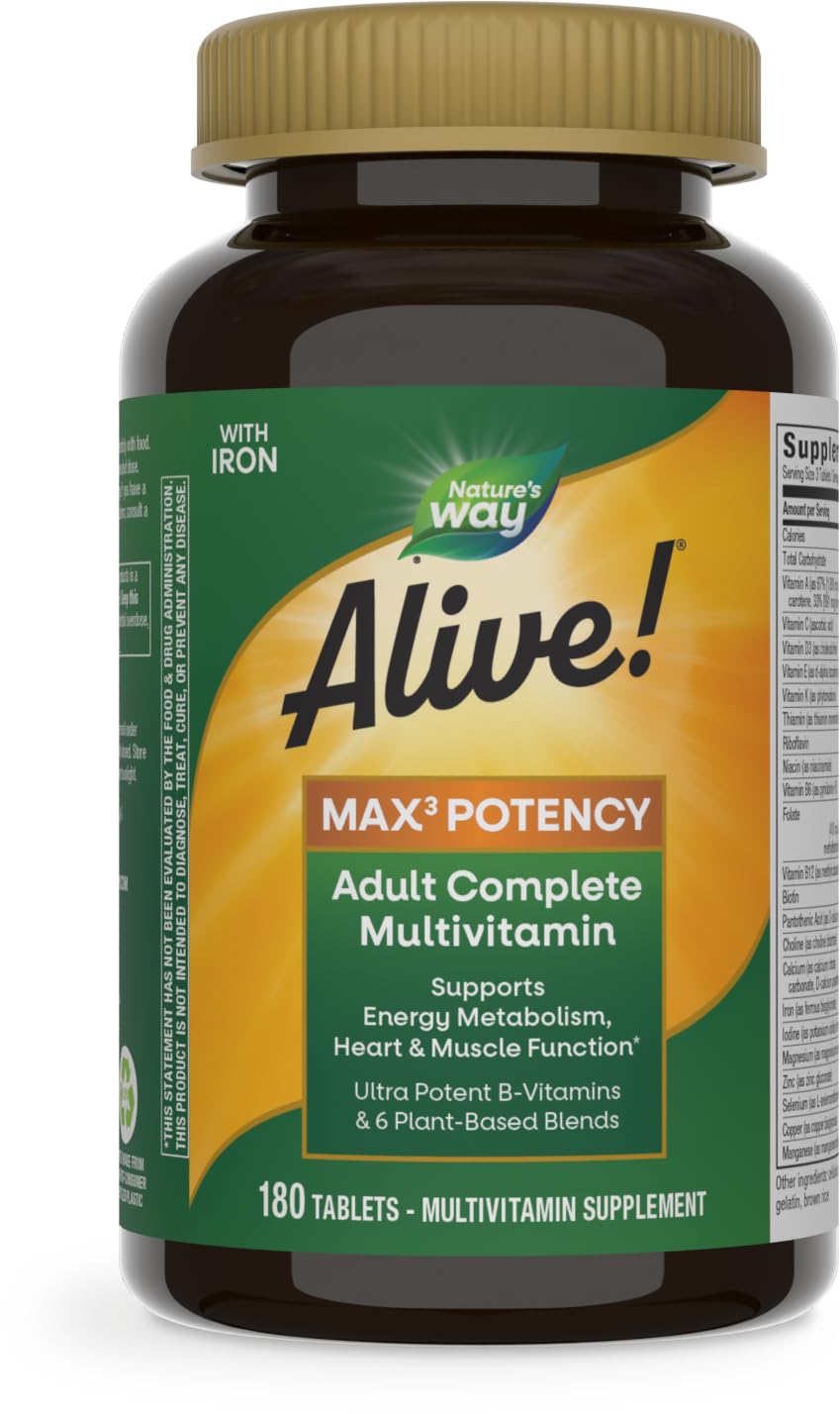 Nature's Way Alive! Max3 Potency Adult Complete Multivitamin, Ultra Potency B-vitamins to Support Energy Metabolism*, with Methylated B12 and Folate, 180 Tablets (Packaging May Vary)