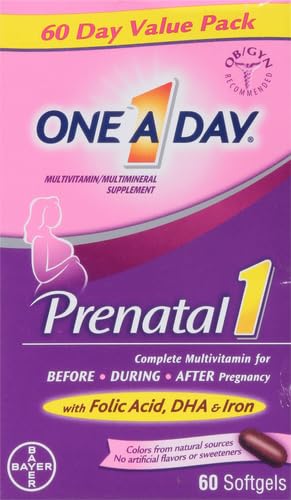 One A Day Women's Prenatal 1 Multivitamin Including Vitamin A, Vitamin C, Vitamin D, B6, B12, Iron, Omega-3 DHA & more, Tablet,Softgels, 60 Count - Supplement for Before, During, & Post Pregnancy