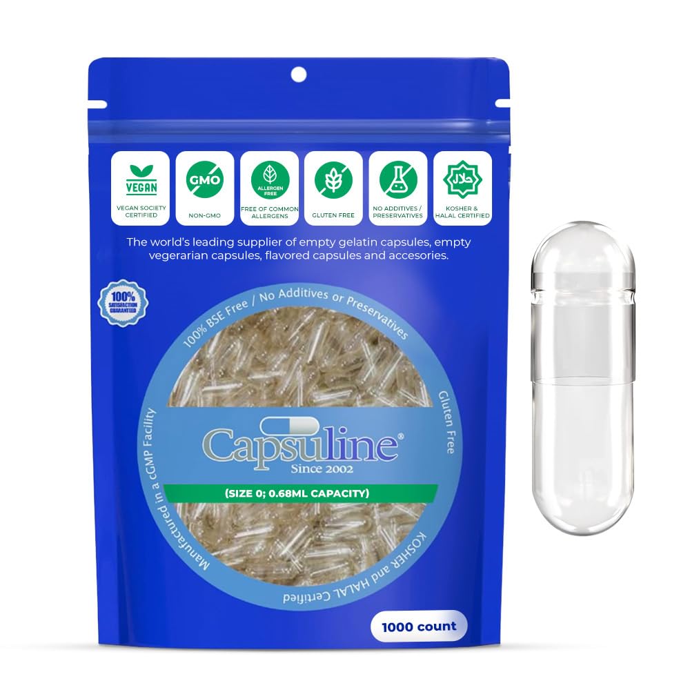 Capsuline Size 0 - Acid Resistant Enteric Clear Empty Vegan Capsules - 100 Count - Empty Veggie Pill Capsules - DIY Vegetable Capsule filling - Empty Caps - Non-GMO Certified